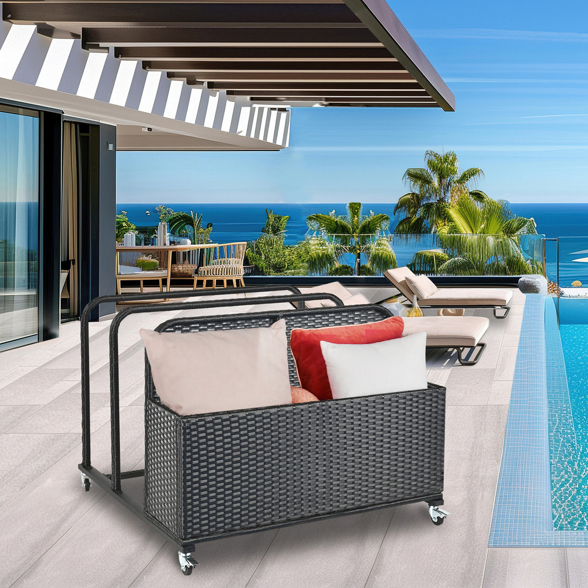 Patio Novagarden Poolside Float Storage Organizer, Pool Toy Storage Holder With Wicker Basket ...